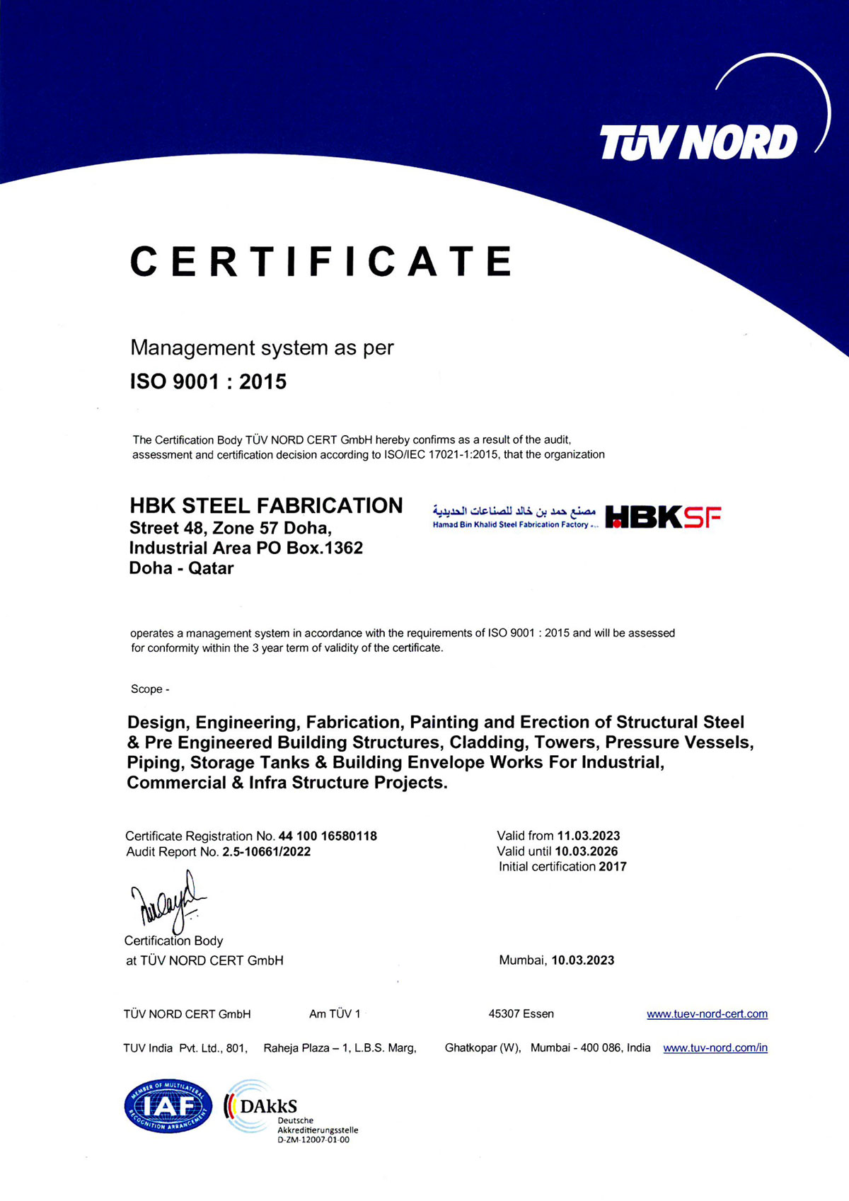 ISO 9001 : 2015 – HBK Steel Fabrication Factory